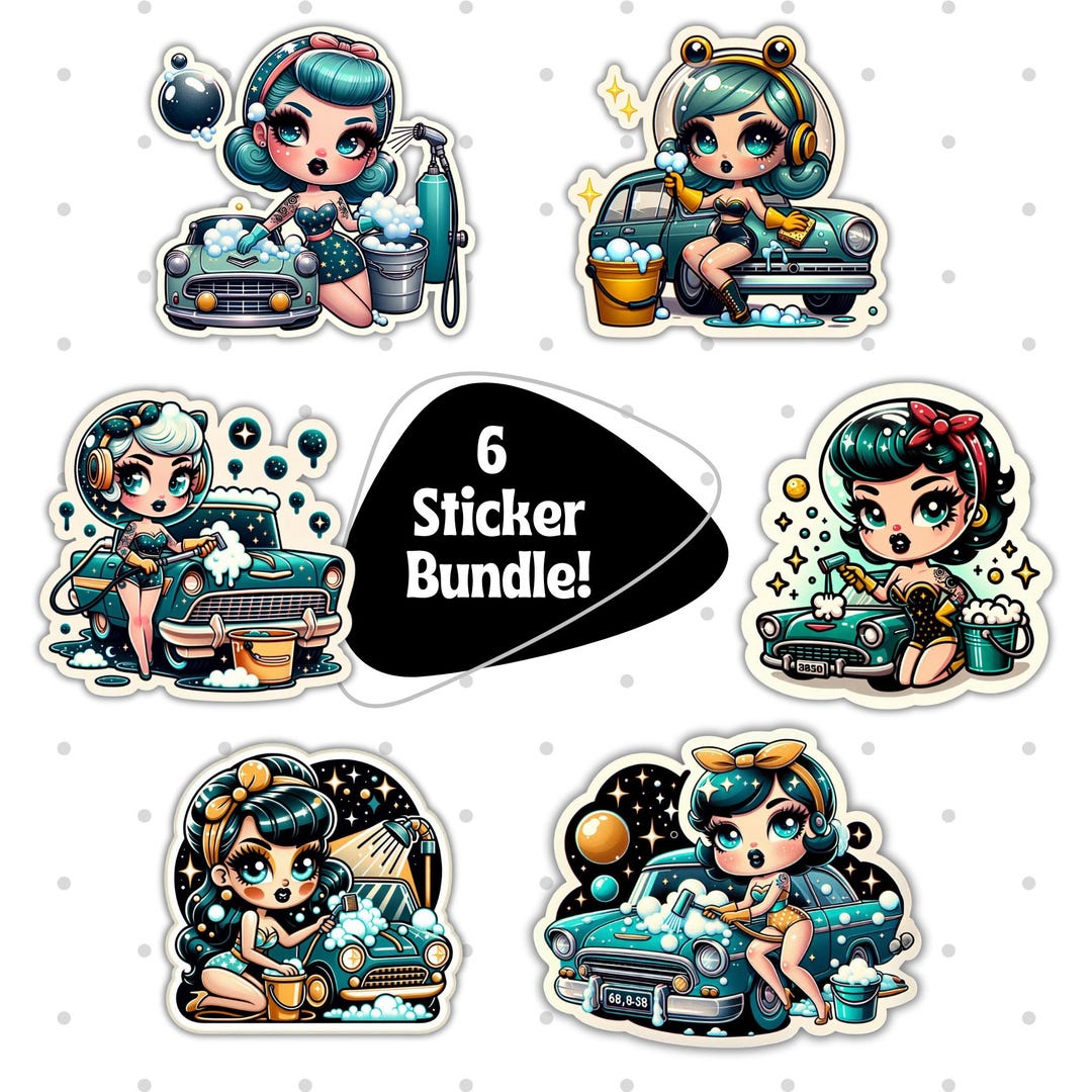 Retro Car Wash Pinup Girl Stickers Set Cute Anime Style 6 Piece Sticker ...