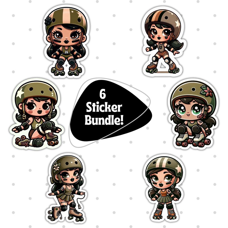 Rollergirl Sticker Set, Cute Roller Derby Stickers, 6 Piece Sticker ...