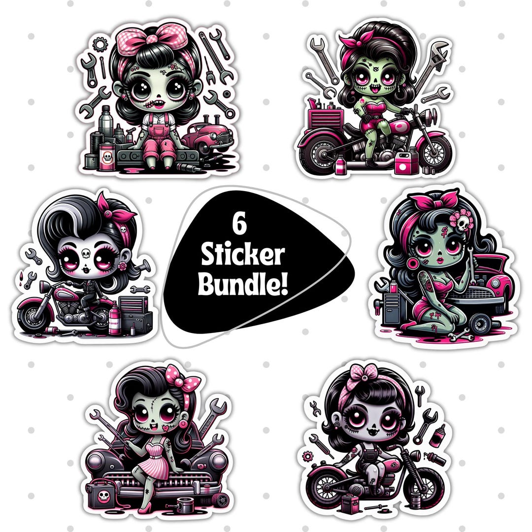 Cute Zombie Mechanic Girls Sticker Pack, 6 Sticker Bundle, Vinyl ...