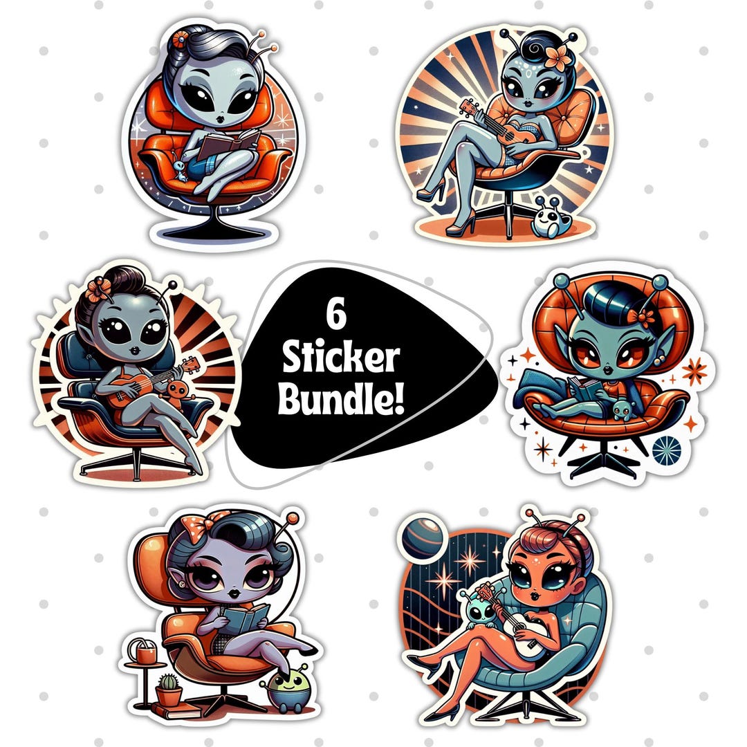 Retro Alien Girl Stickers, Set of 6 Vinyl Decals, Sci-fi Art Stickers ...