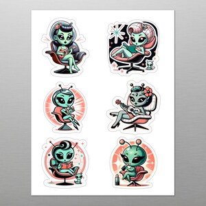 Retro Alien Sticker Pack Bundle, 6 Custom Vinyl Decals Space Theme, Mid ...