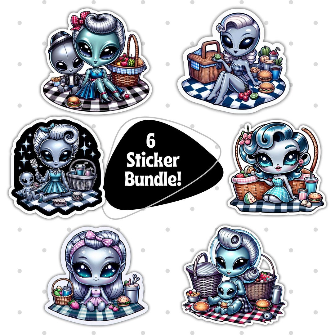 Adorable Alien Picnic Sticker Set, Cute Alien Stickers Bundle, Retro ...