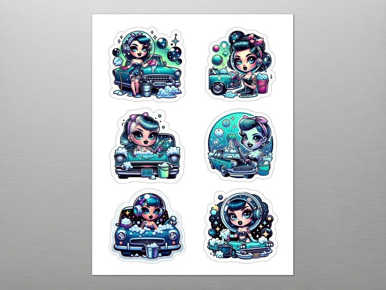 Retro Bubble Bath Sticker Bundle, Cute Pin-up Car Wash Sticker Set ...