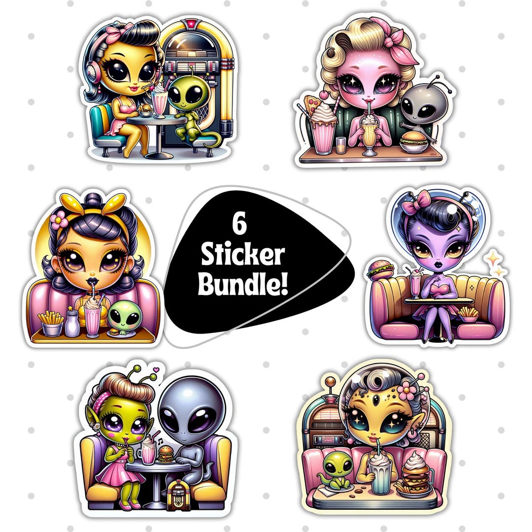 Cute Alien Diner Sticker Pack, Retro Alien Themed Stickers, Fun and ...