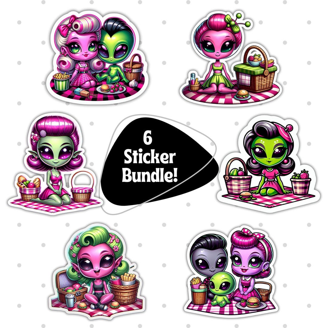 Cute Alien Picnic Stickers, 6 Fun Stickers Bundle for Journals, Laptops ...