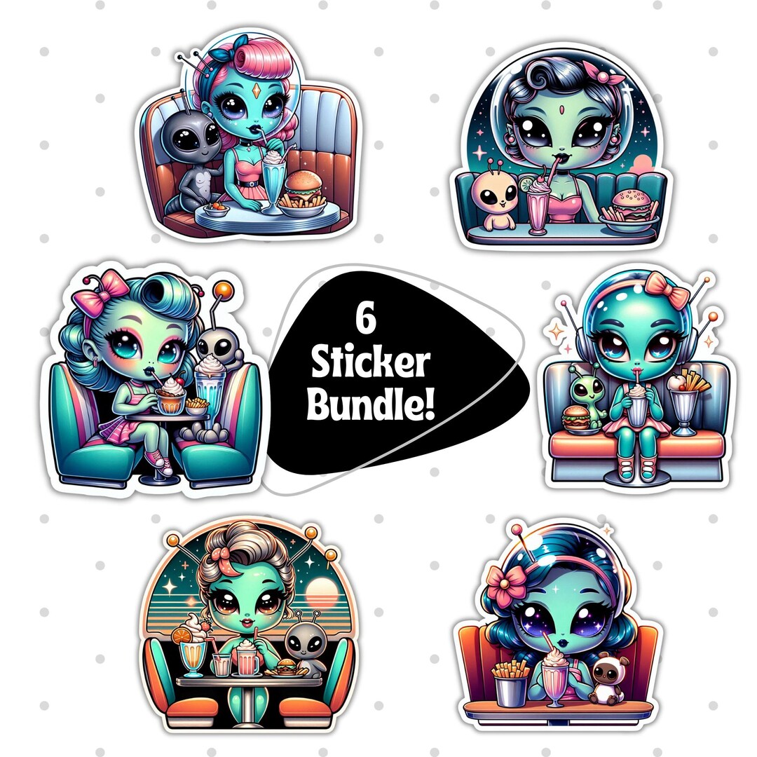 Cute Alien Retro Diner Sticker Bundle, 6 Adorable Sci-fi Stickers ...