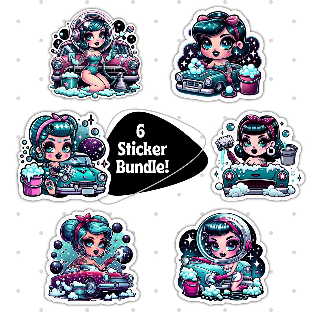 Retro Pin Up Girl Sticker Set Cute Cartoon Car Wash Sticker Pack 6