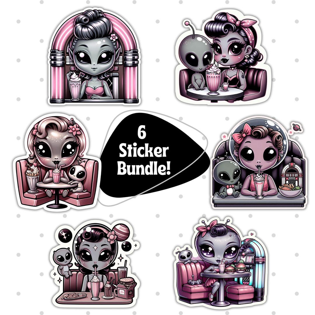 6 Piece Sticker Bundle Cute Alien and Girl Stickers Retro Diner ...