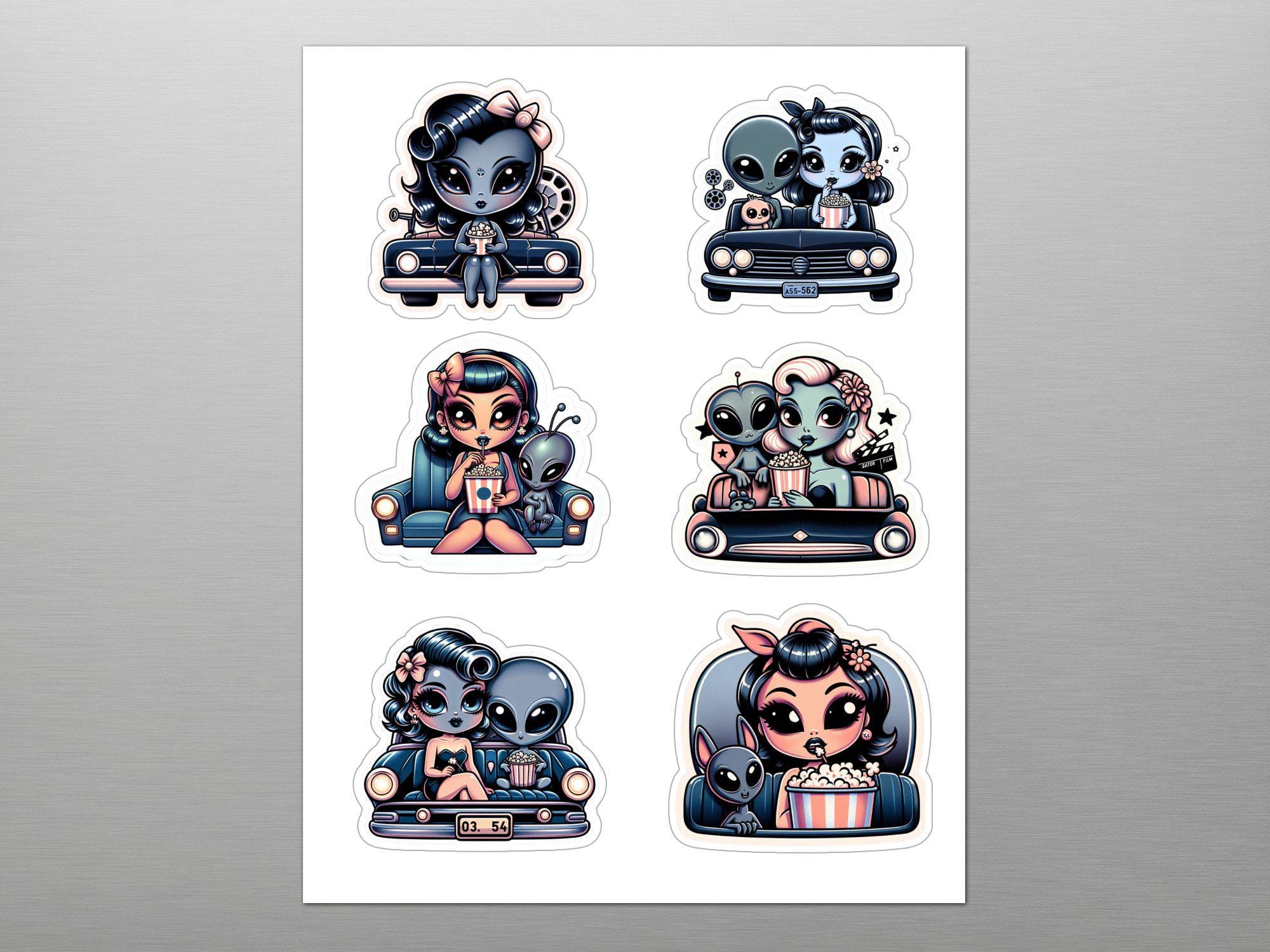 Cute Alien Girl Car Sticker Bundle, Retro Artwork, 6-piece Set, Perfect ...
