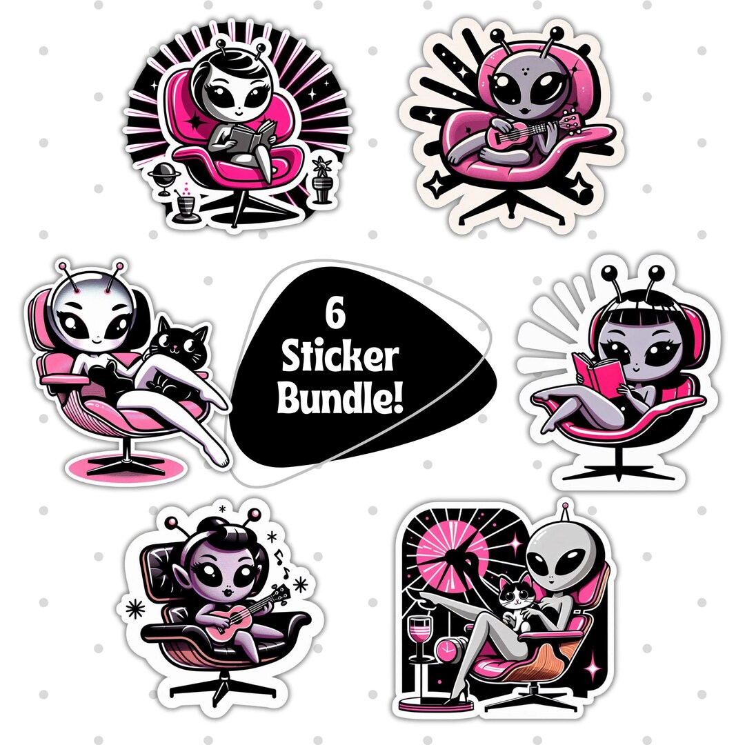 Alien Girl Sticker Pack, Fun Alien Stickers, Retro Stickers, Cute Alien ...
