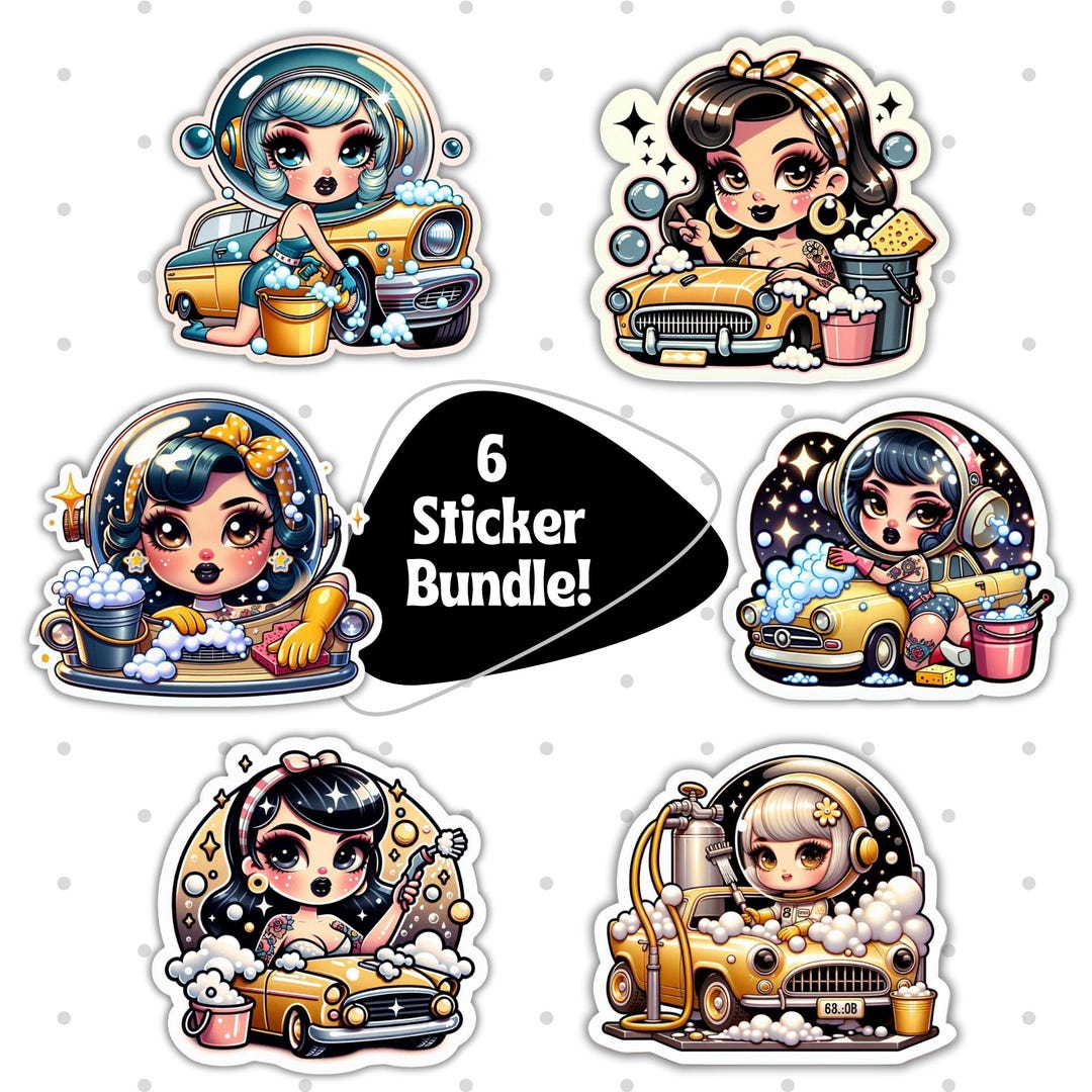Cute Vintage Car Wash Girl Stickers Bundle, Adorable Car Detailing ...