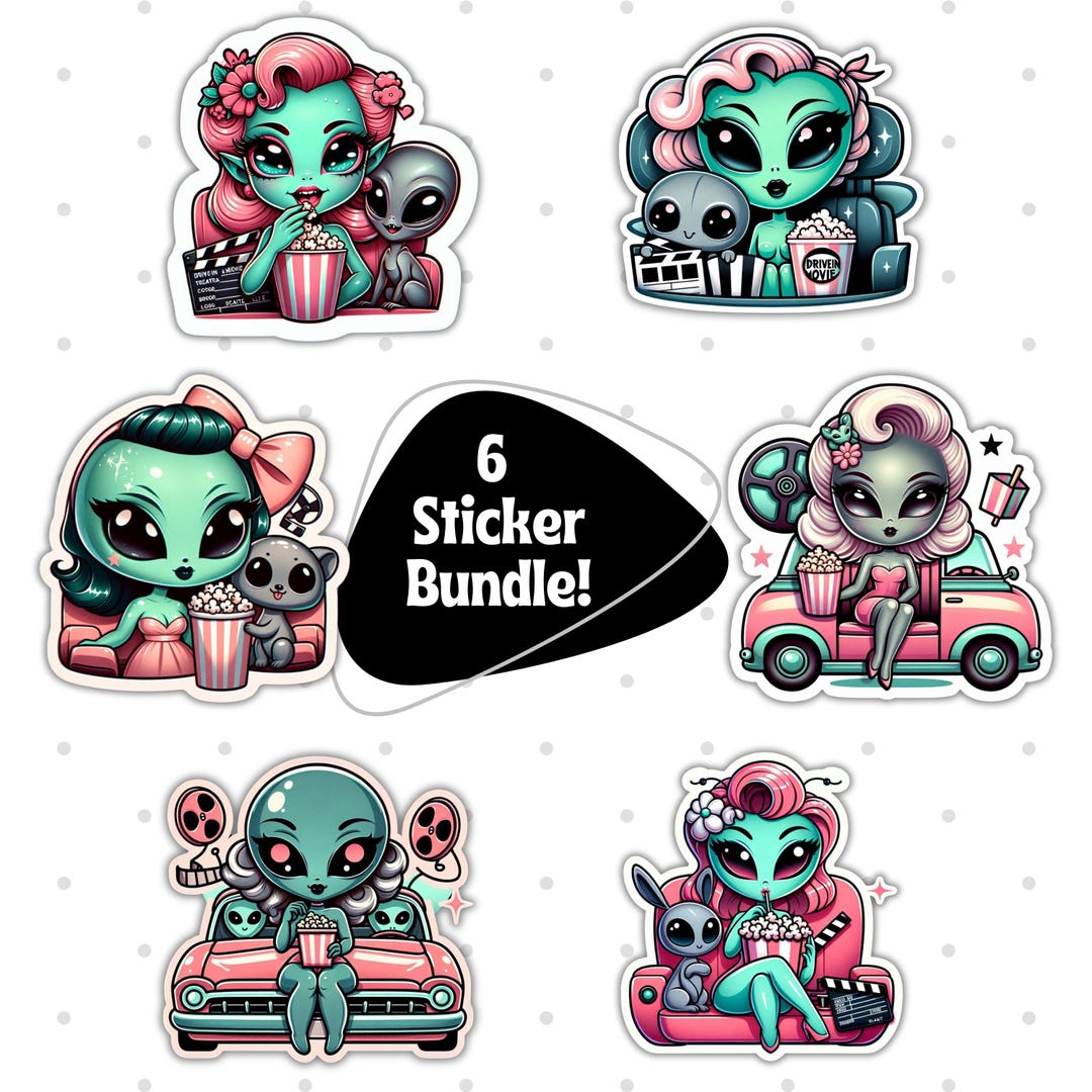 Alien Girl Sticker Pack, Popcorn Eating Aliens, Cute Alien Stickers ...