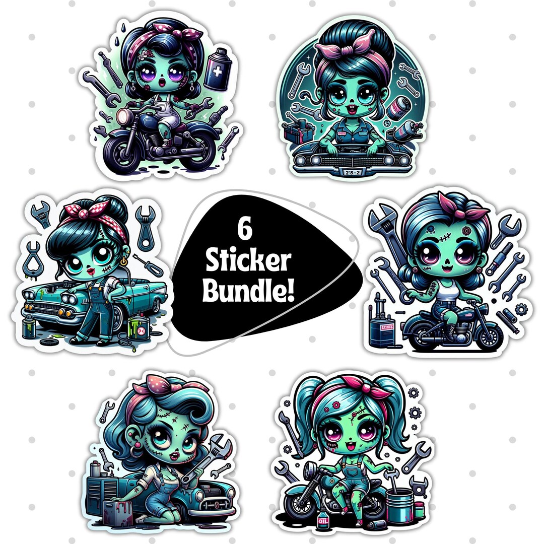 Cute Zombie Mechanic Sticker Set, 6 Piece Sticker Bundle, Fun Gift for ...