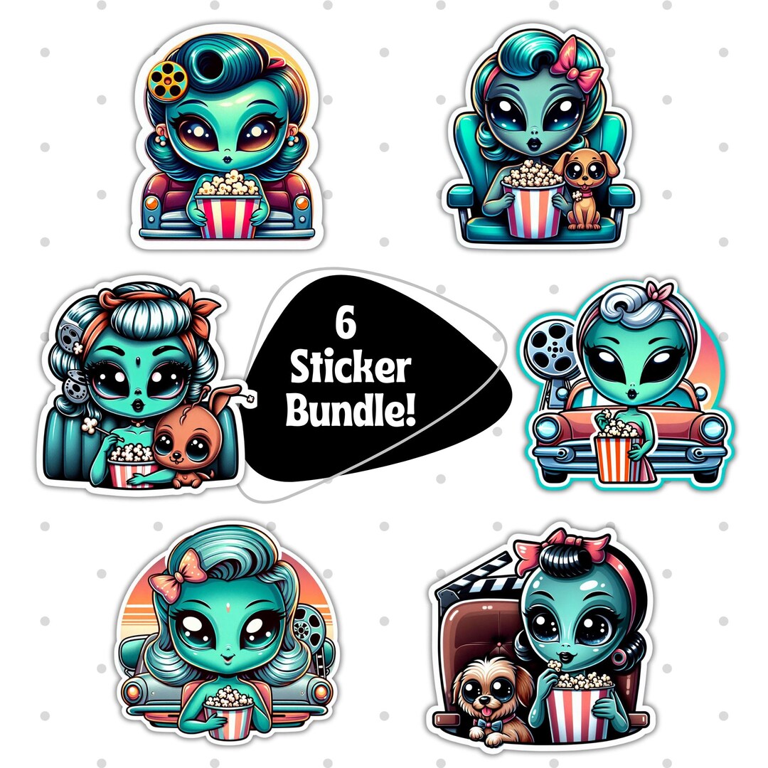 Vintage Alien Movie Night Sticker Pack, Retro Cute Alien Stickers ...