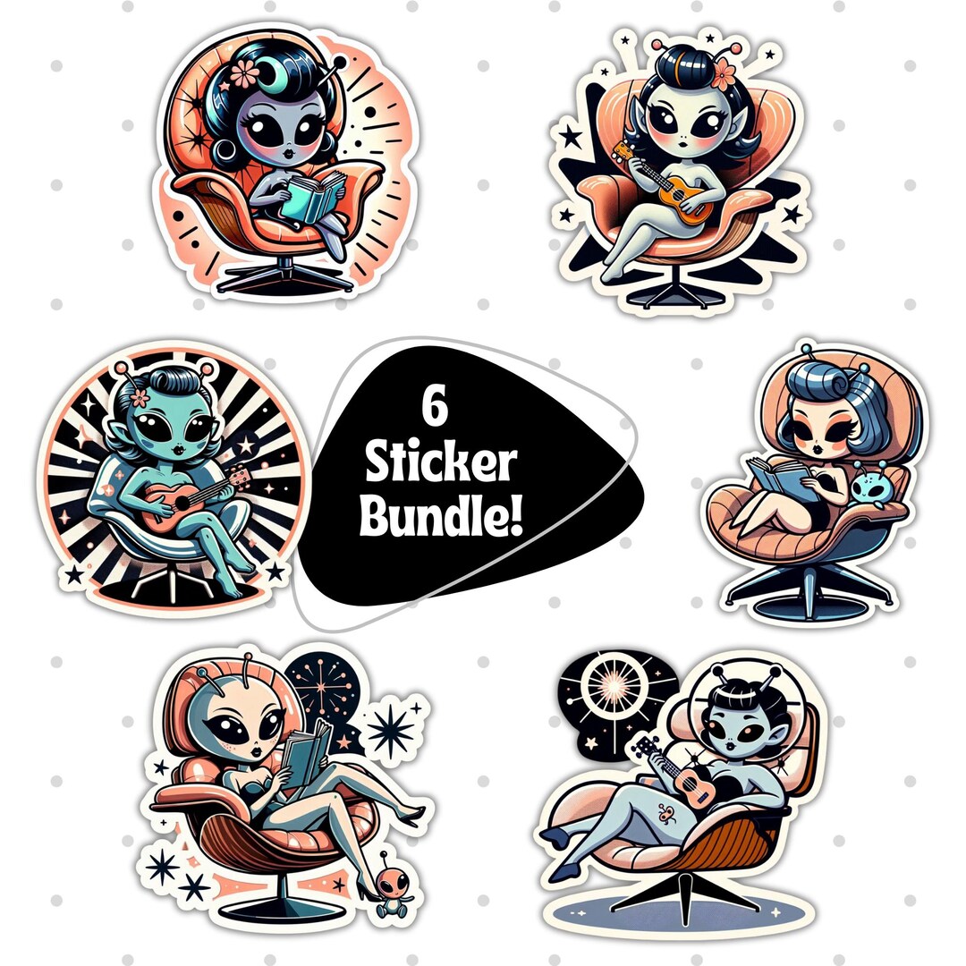 Vintage Alien Girls Sticker Bundle, Retro Sci-fi Alien Characters Decal ...