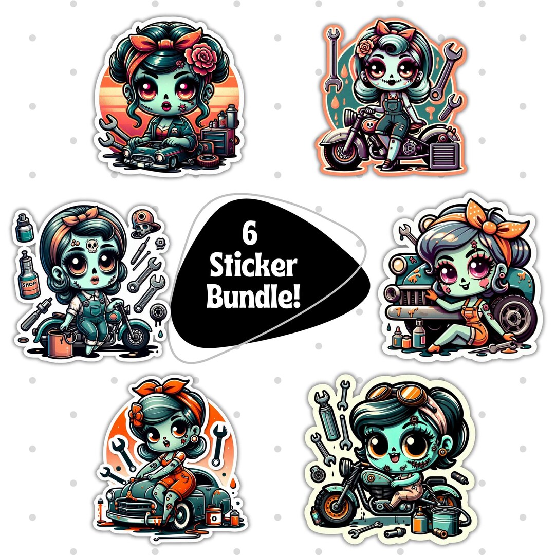 Retro Mechanic Girl Stickers Bundle, Motorcycle Repair Themed Stickers ...