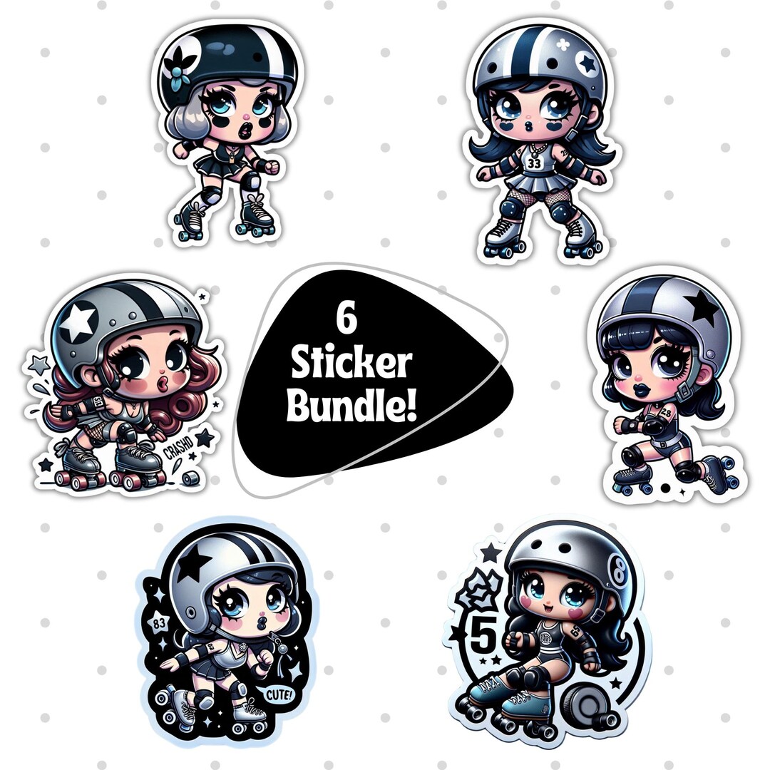 Cute Roller Derby Girls Sticker Set, 6 Sticker Bundle, Adorable Skater ...