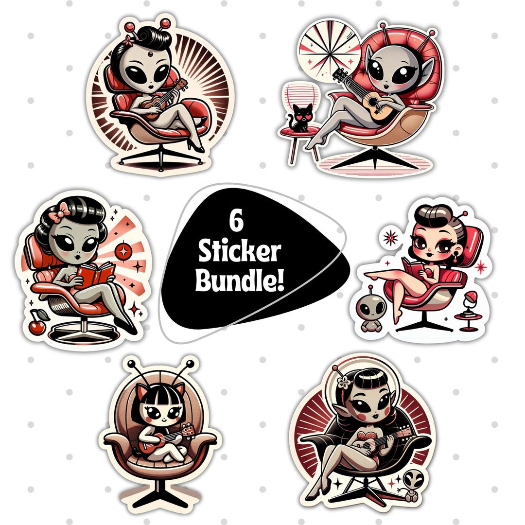 Retro Alien Pop Art Stickers, 6 Sticker Bundle, Cute Alien Girl ...