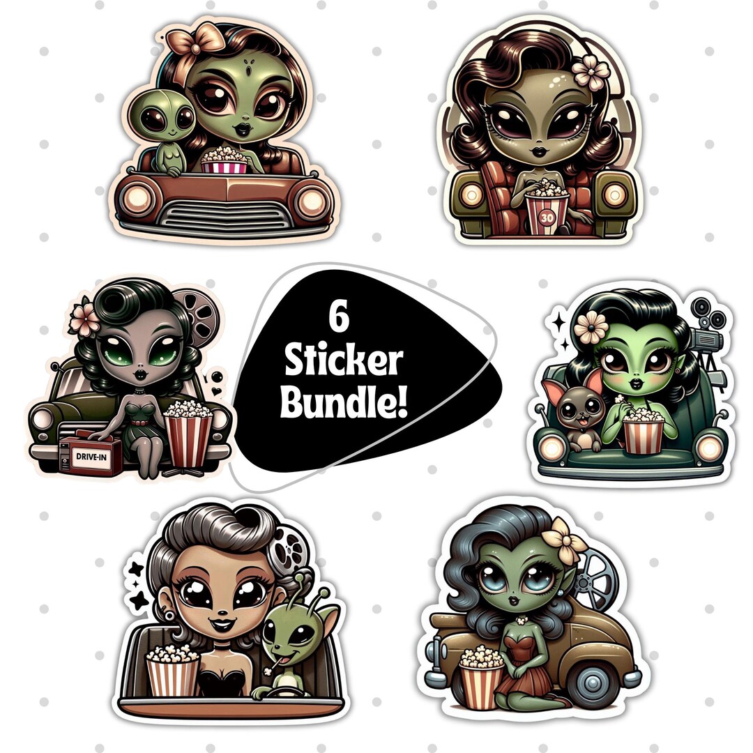 Alien Movie Night Sticker Pack, 6 Retro Sci-fi Stickers, Vintage Alien ...
