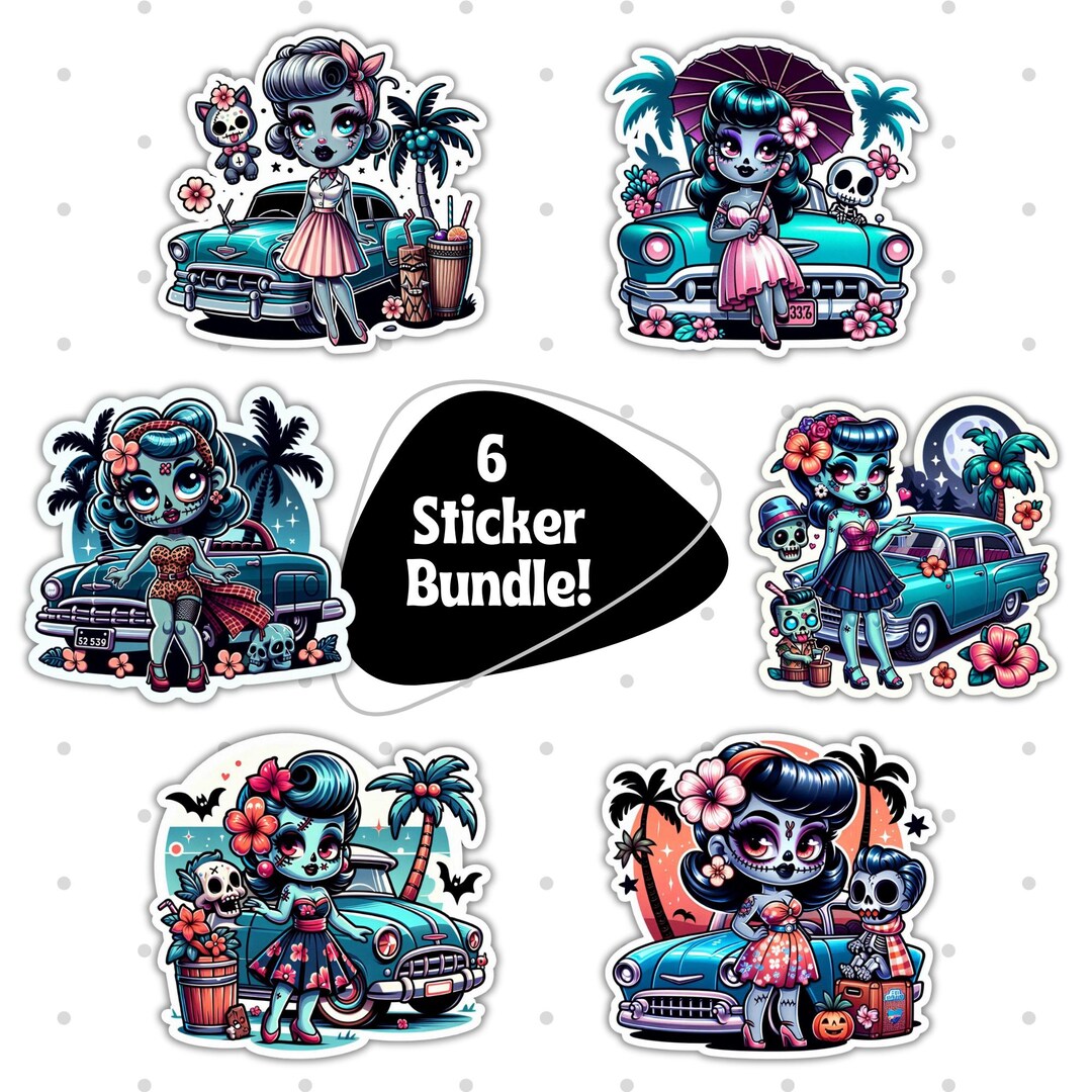 Zombie Girl Sticker Pack, Retro Zombie Girl Stickers, 6 Sticker Bundle ...