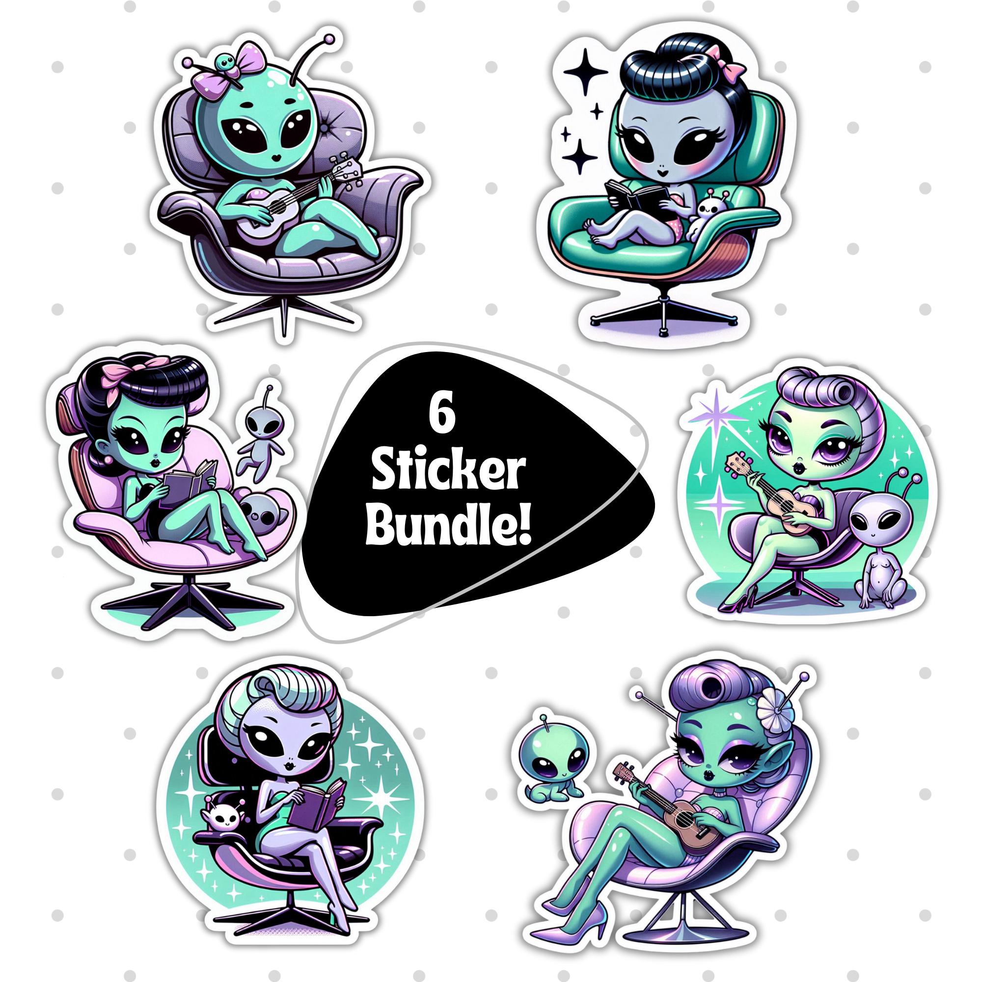 Retro Alien Girls Sticker Set, Cute Alien Pin-up Art Stickers, Space ...