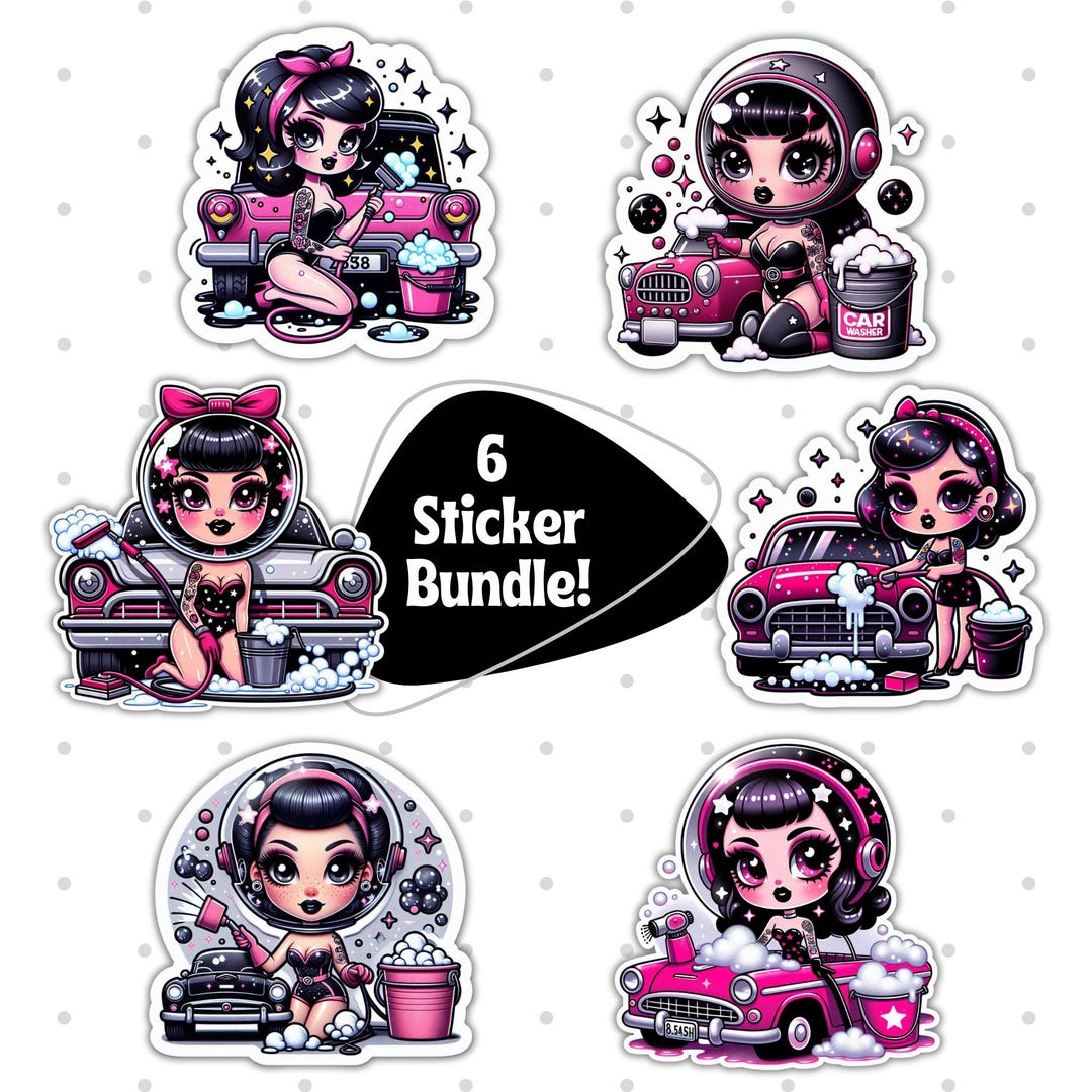 Retro Car Wash Pin-up Girl Sticker Bundle, Waterproof Decal Set, Cute ...