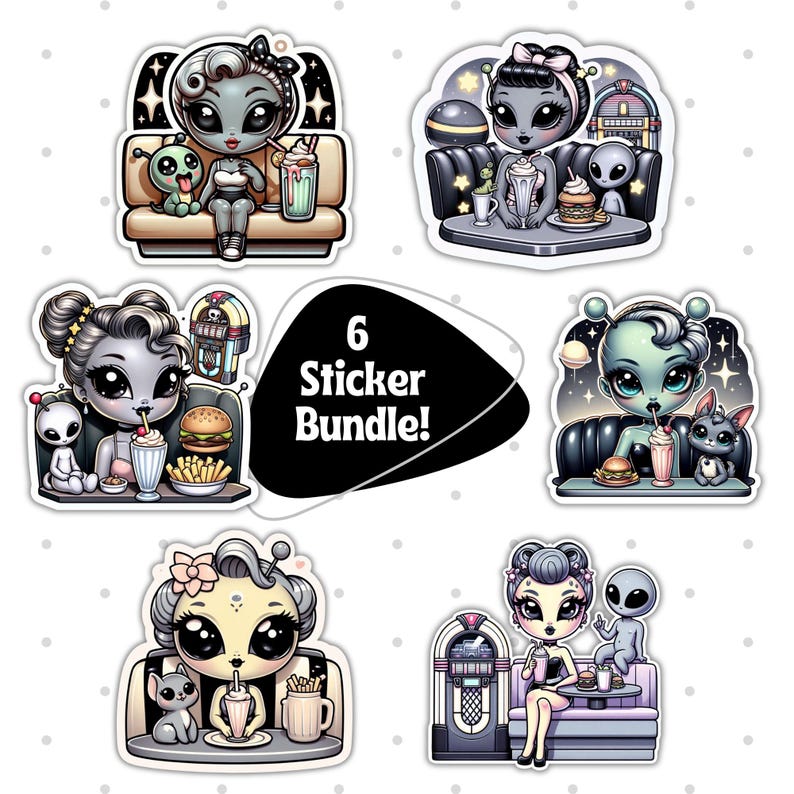 Retro Alien Diner Sticker Bundle, Cute Alien Stickers, 6 Vintage ...