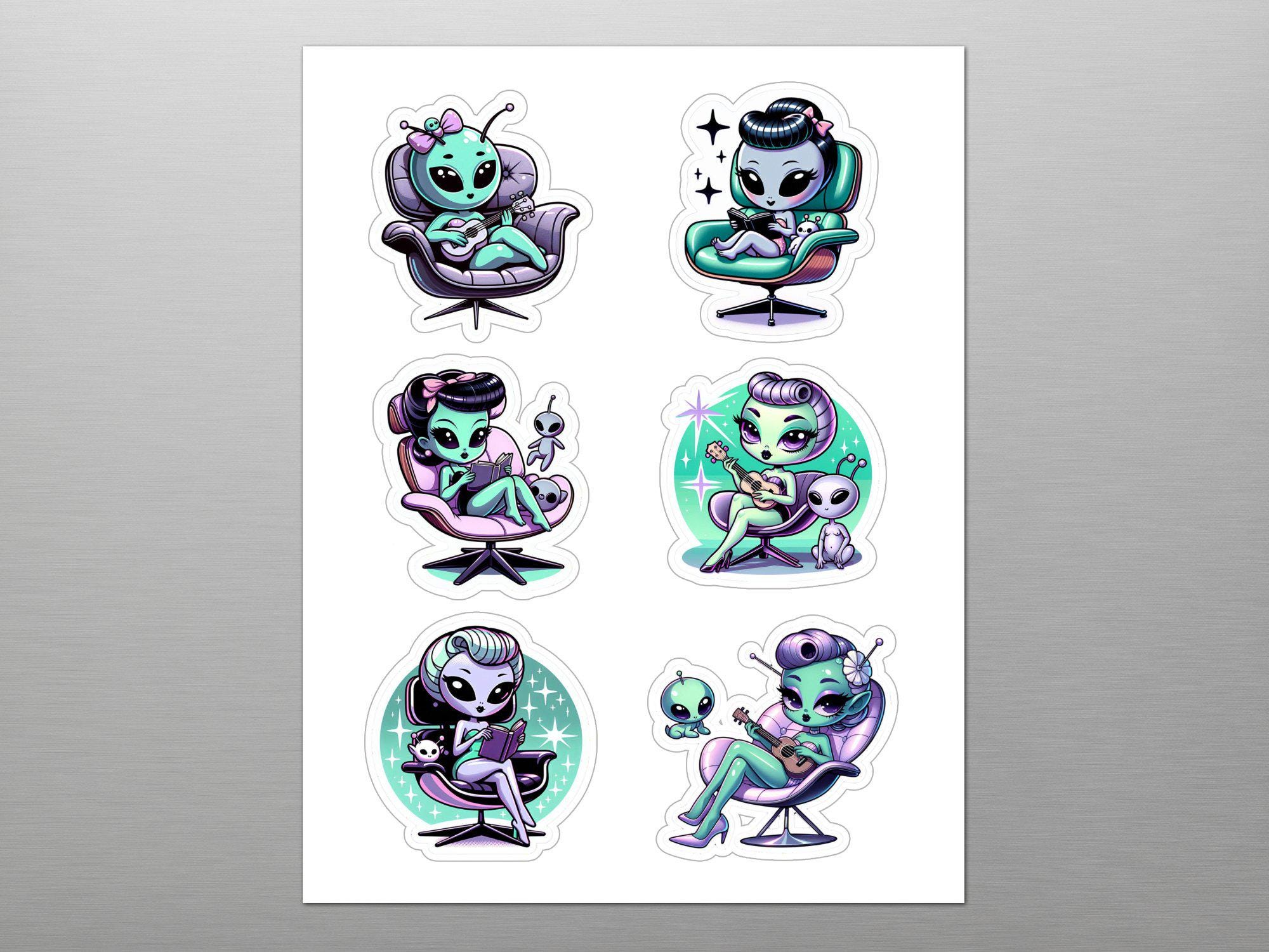 Retro Alien Girls Sticker Set, Cute Alien Pin-up Art Stickers, Space ...