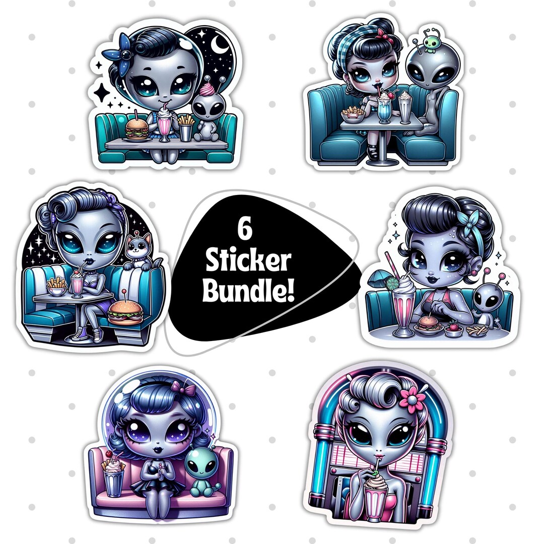 Cute Alien Girl Diner Stickers Set, Retro Diner Theme Alien Stickers ...