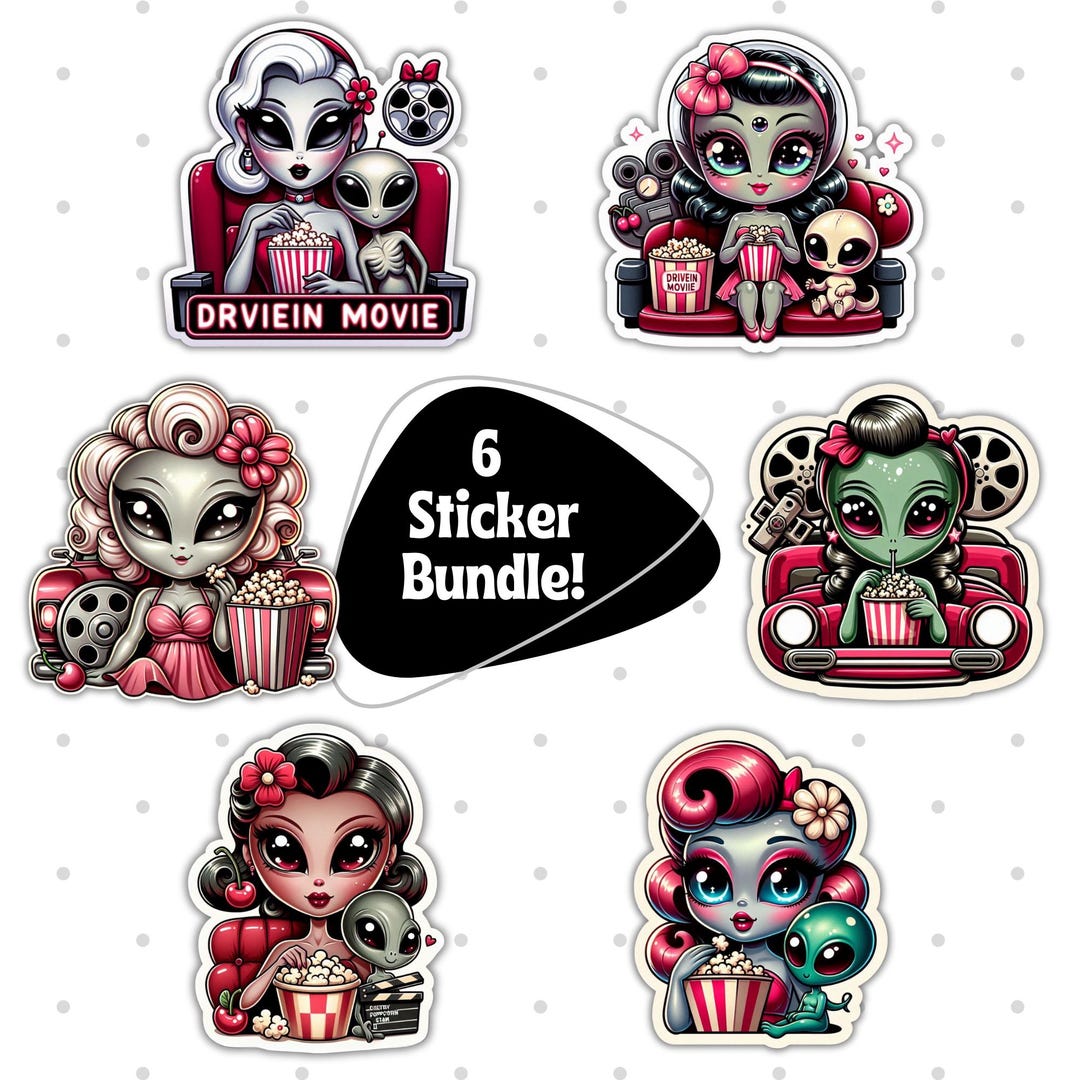 Cute Alien Movie Night Sticker Pack, Retro Cartoon Alien Stickers Set ...