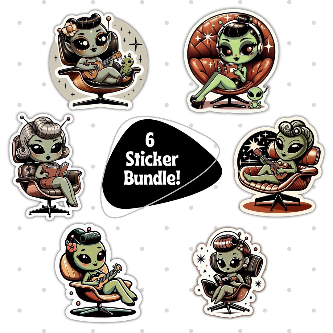 Alien Girl Sticker Pack, Retro Alien Sticker Set, Cute Alien Space ...