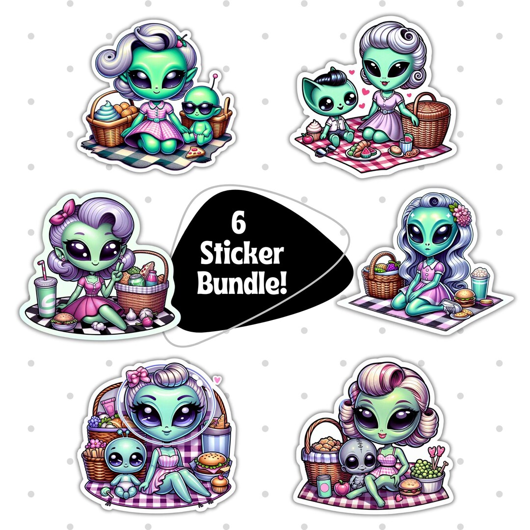 Cute Alien Picnic Stickers, 6 Piece Sticker Bundle, Adorable Alien ...