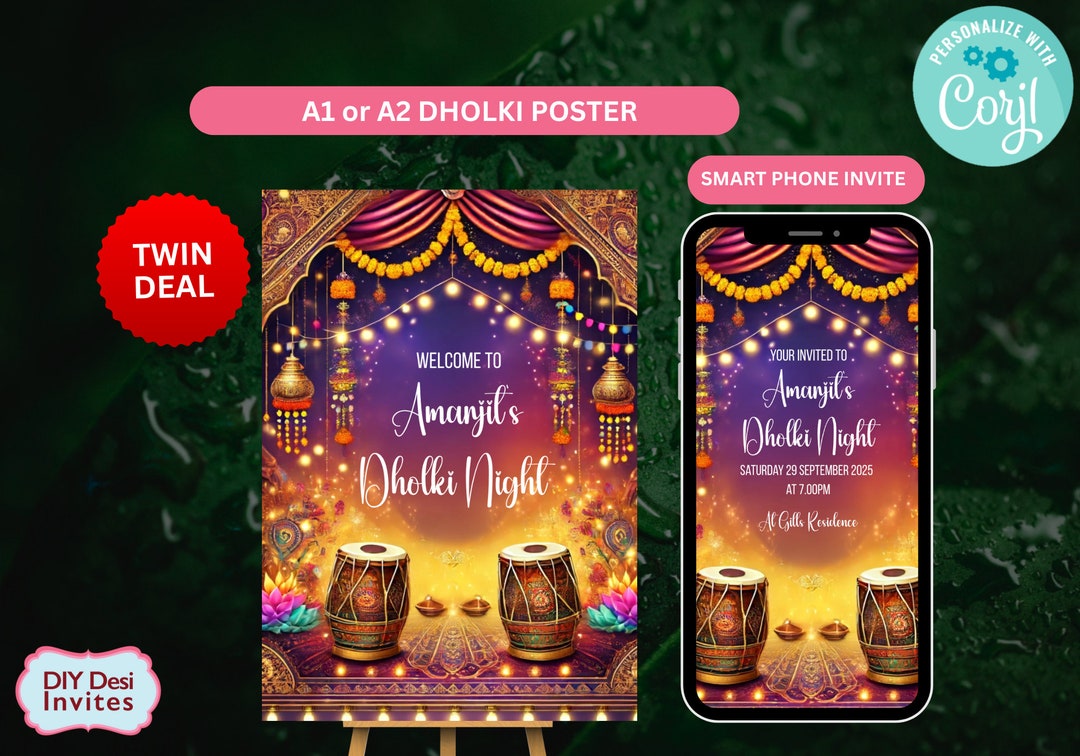 Dholki Night Poster and Invitation | Editable A1 & A2 Corjl Template ...