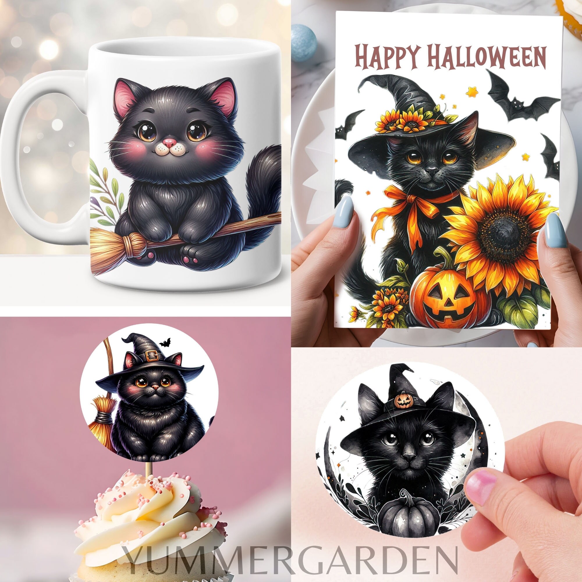 Bundle 40 Halloween Black Cat Clipart, Cat and Sunflower Pumkin ...