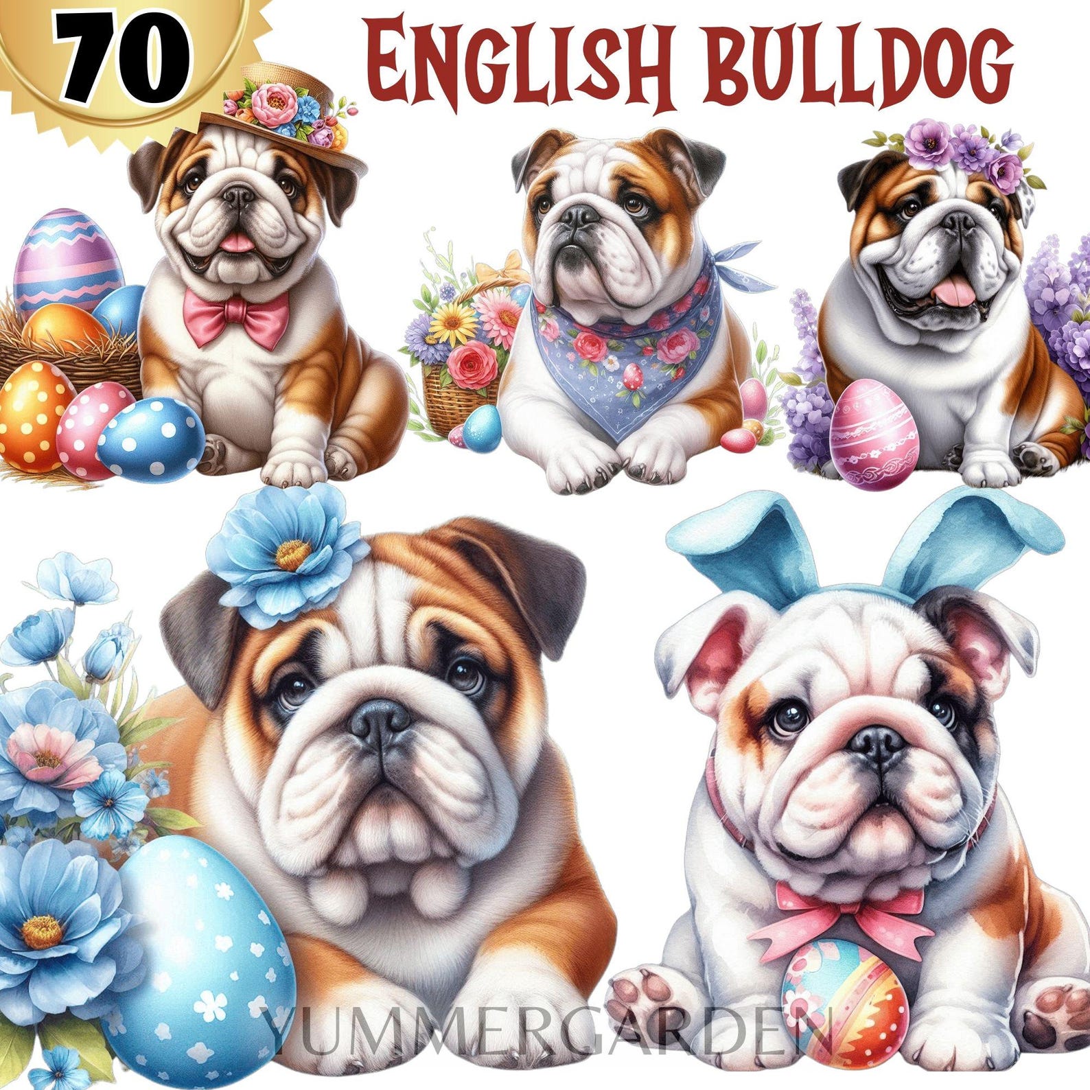 Easter English Bulldog Clipart Bundle, English Bulldog Easter Eggs Clip ...