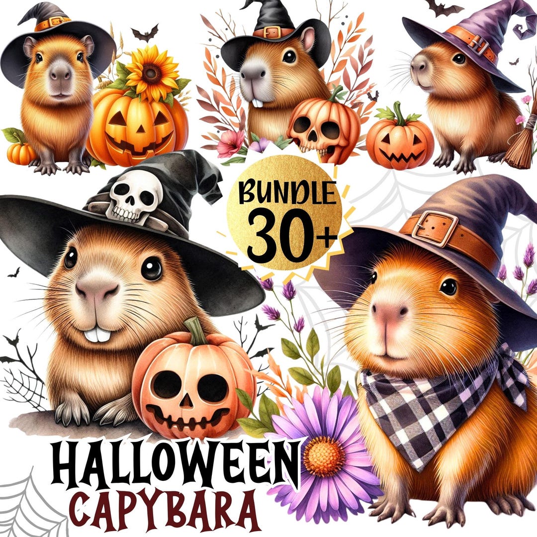 Bundle 30+ Capybara Halloween Clipart, Kawaii Spooky Capybara PNG ...