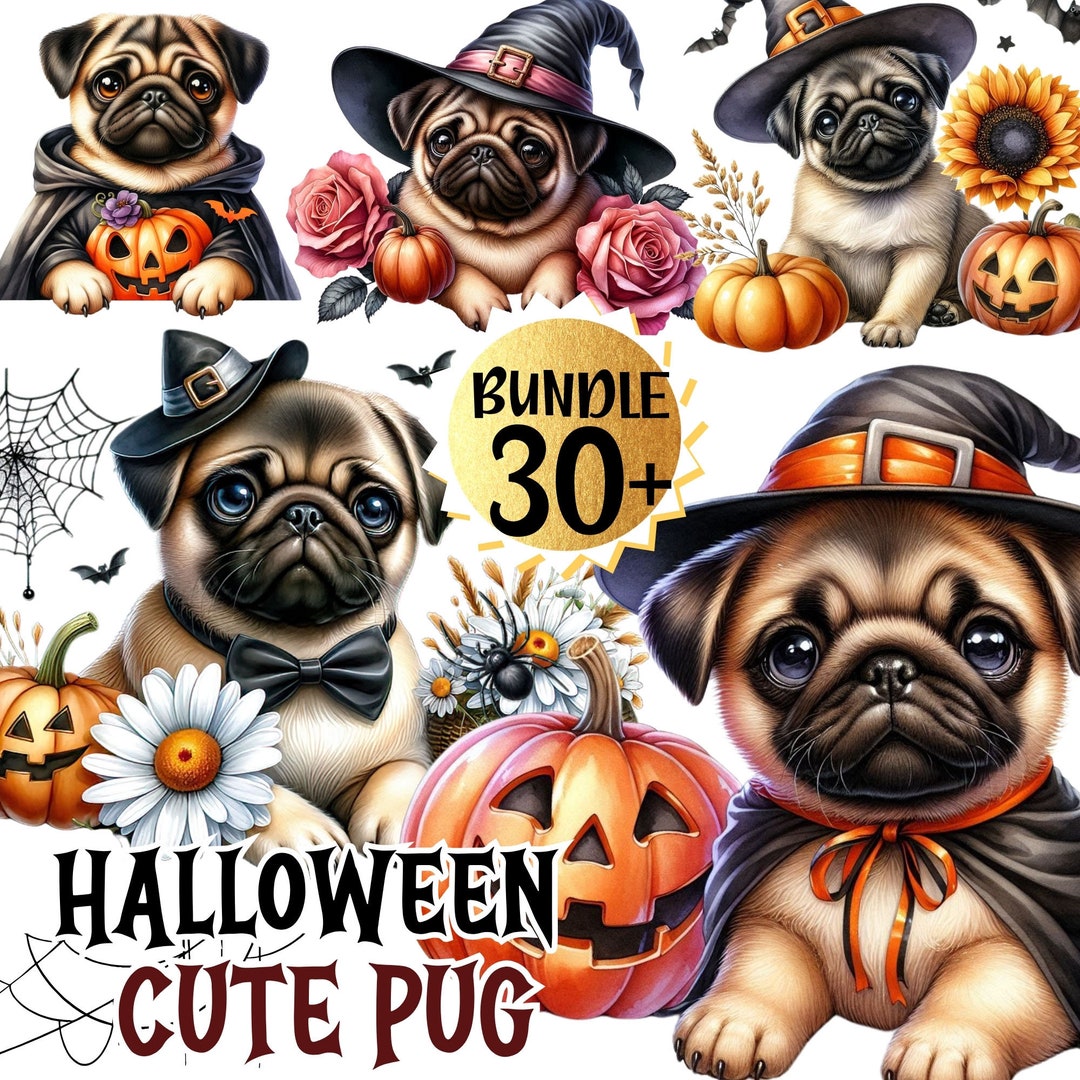 Bundle 30+ Kawaii Halloween Pug Clipart, Vampire Witchy Spooky Pug PNG ...