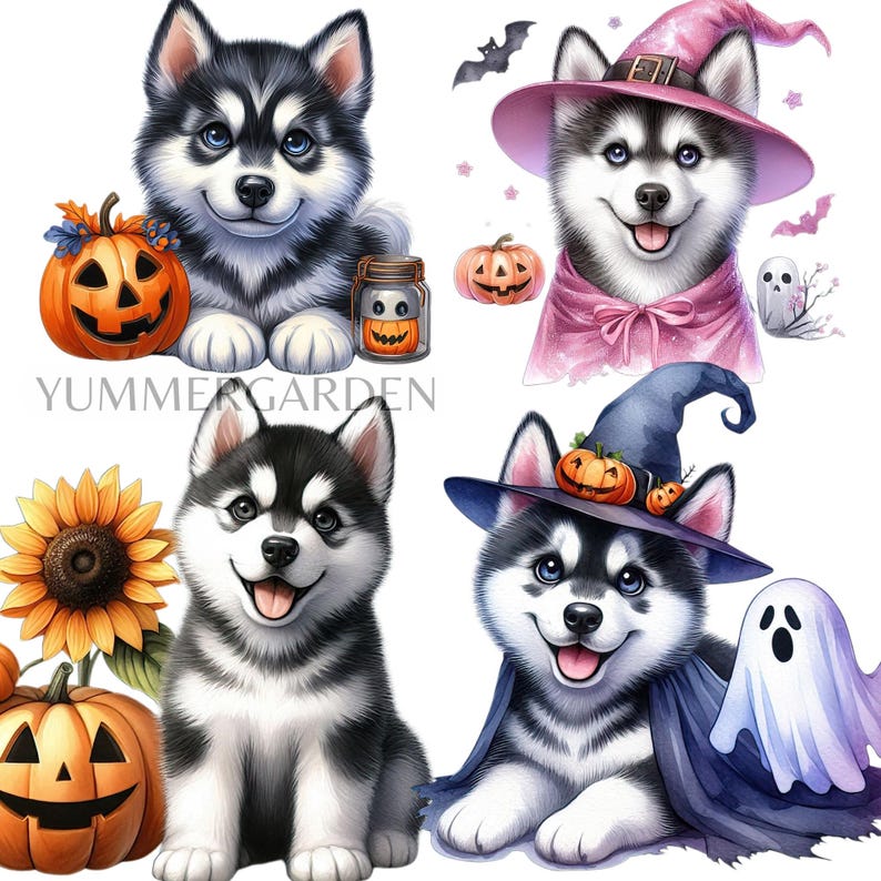 Bundle 30+ Halloween Husky Puppy Clipart, Cute Husky PNG Bundle, Kawaii ...