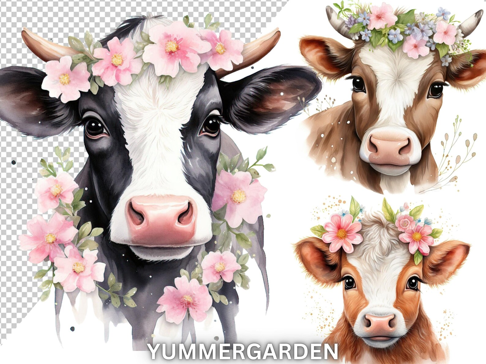 15 Cute Cows, Watercolor Baby Animal Clip Art Bundle, Kawaii Cow Animal ...