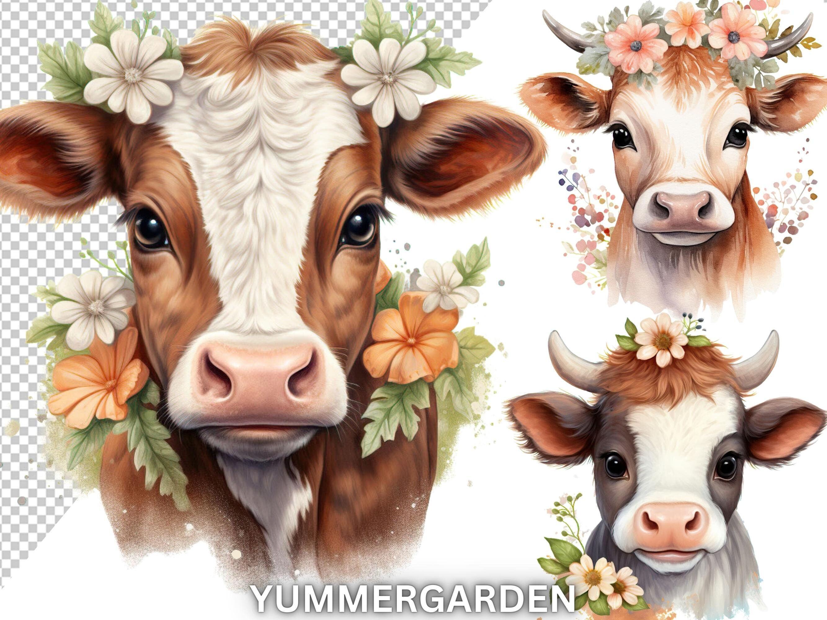 15 Cute Cows, Watercolor Baby Animal Clip Art Bundle, Kawaii Cow Animal ...