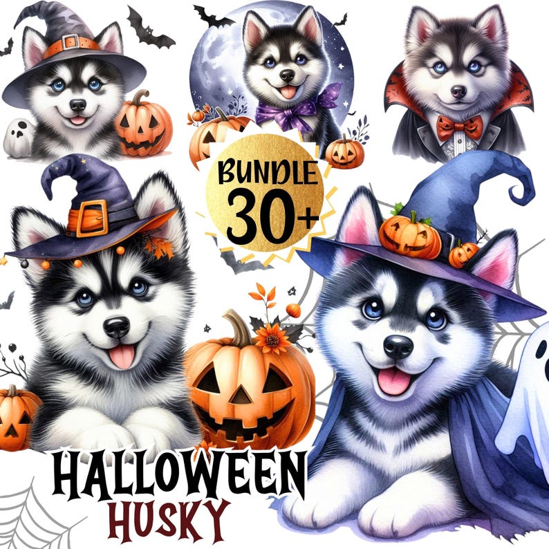 Bundle 30+ Halloween Husky Puppy Clipart, Cute Husky PNG Bundle, Kawaii ...
