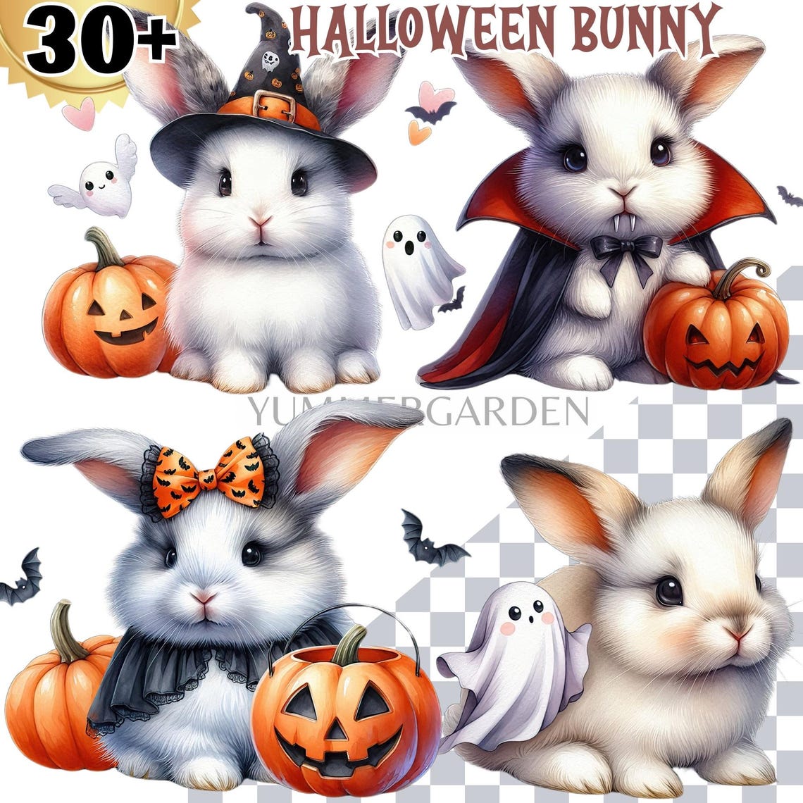 Halloween Bunny Clipart Bundle: Spooky Kawaii Animal PNG Stickers ...