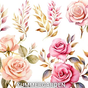 30 Watercolor Golden Pink Rose Flower Clip Art Bundle, Rose Gold PNG ...