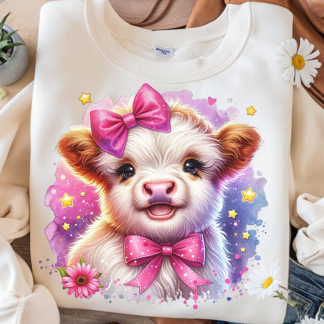 Pink Coquette Bow Highland Cow Shirt,baby Highland Cow Sweatshirt ...
