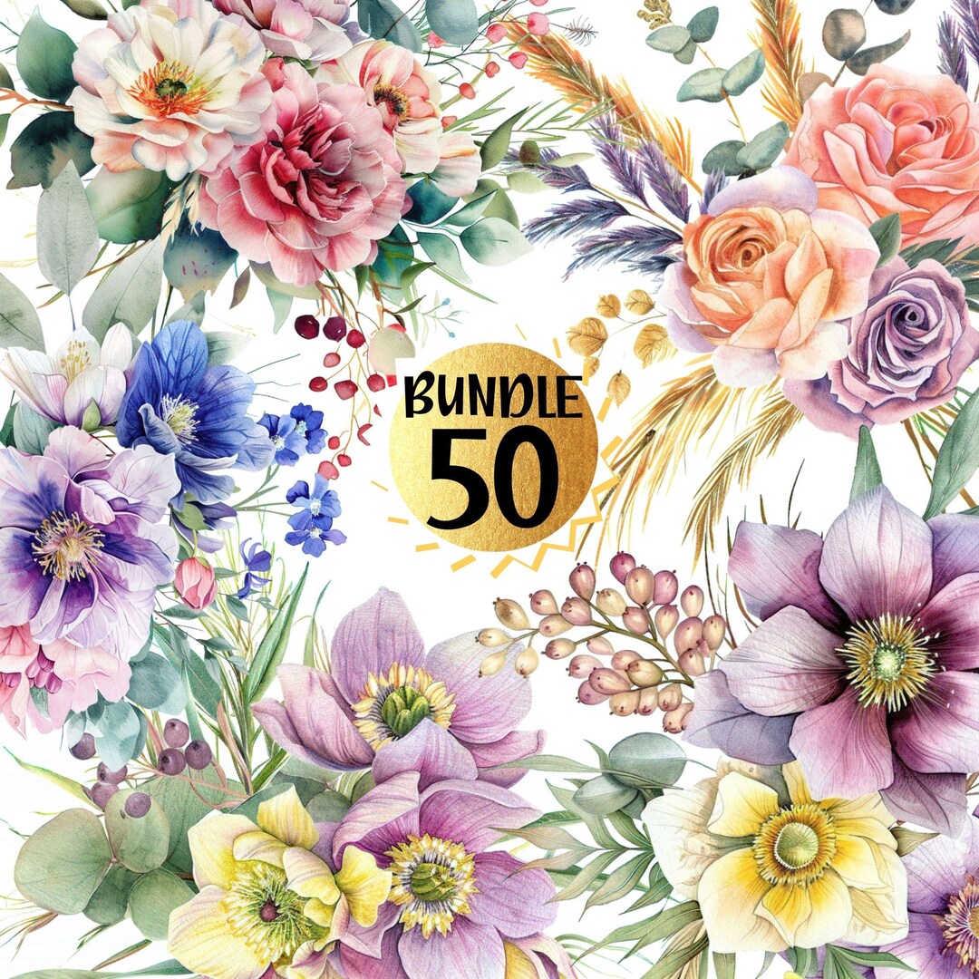 Watercolor Flower Clip Art Bundle 50, Wedding Flower Png Sublimation ...