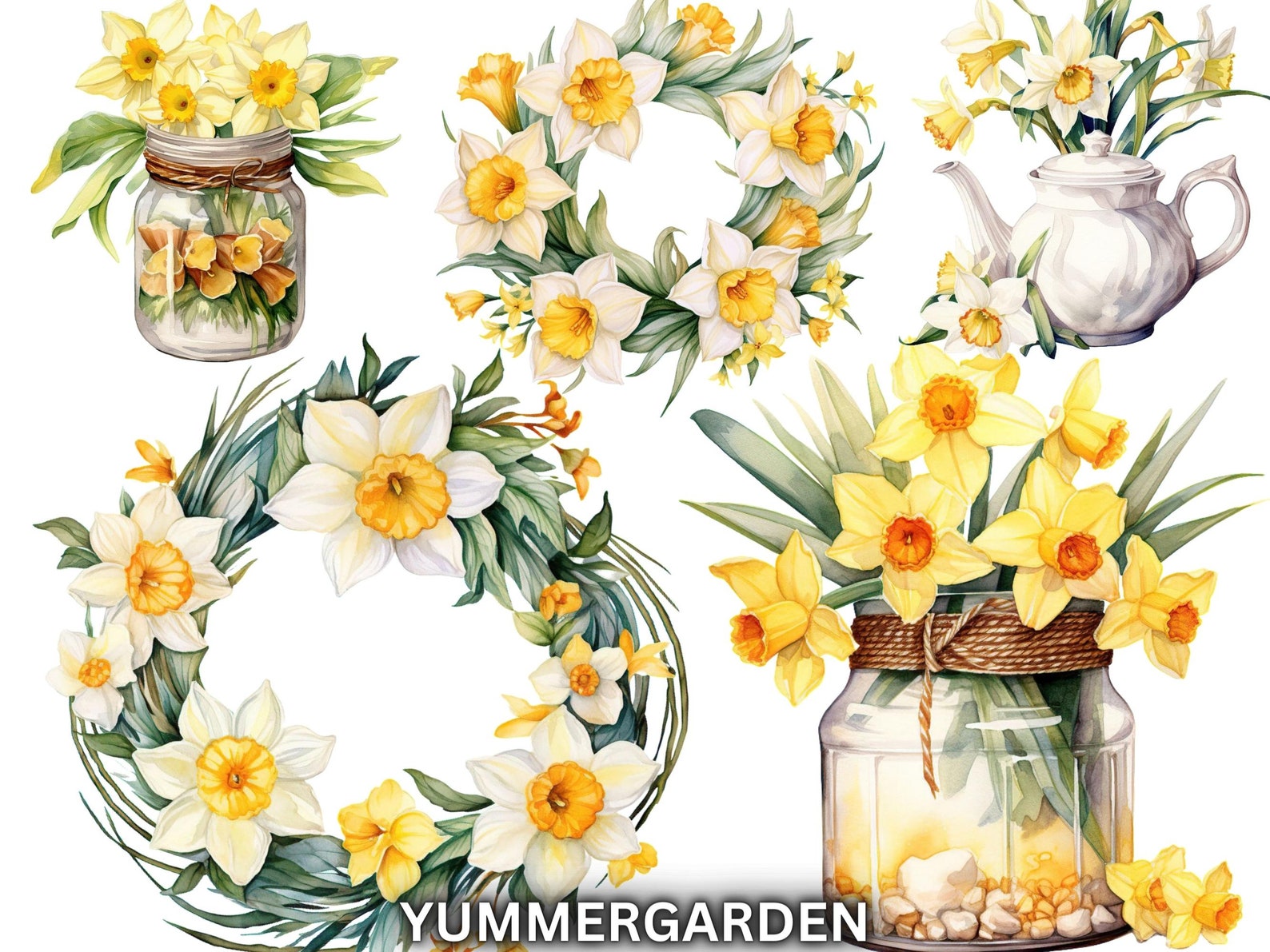 34 Watercolor Daffodil Flowers Clip Art Bundle, Pink Yellow Watercolor ...
