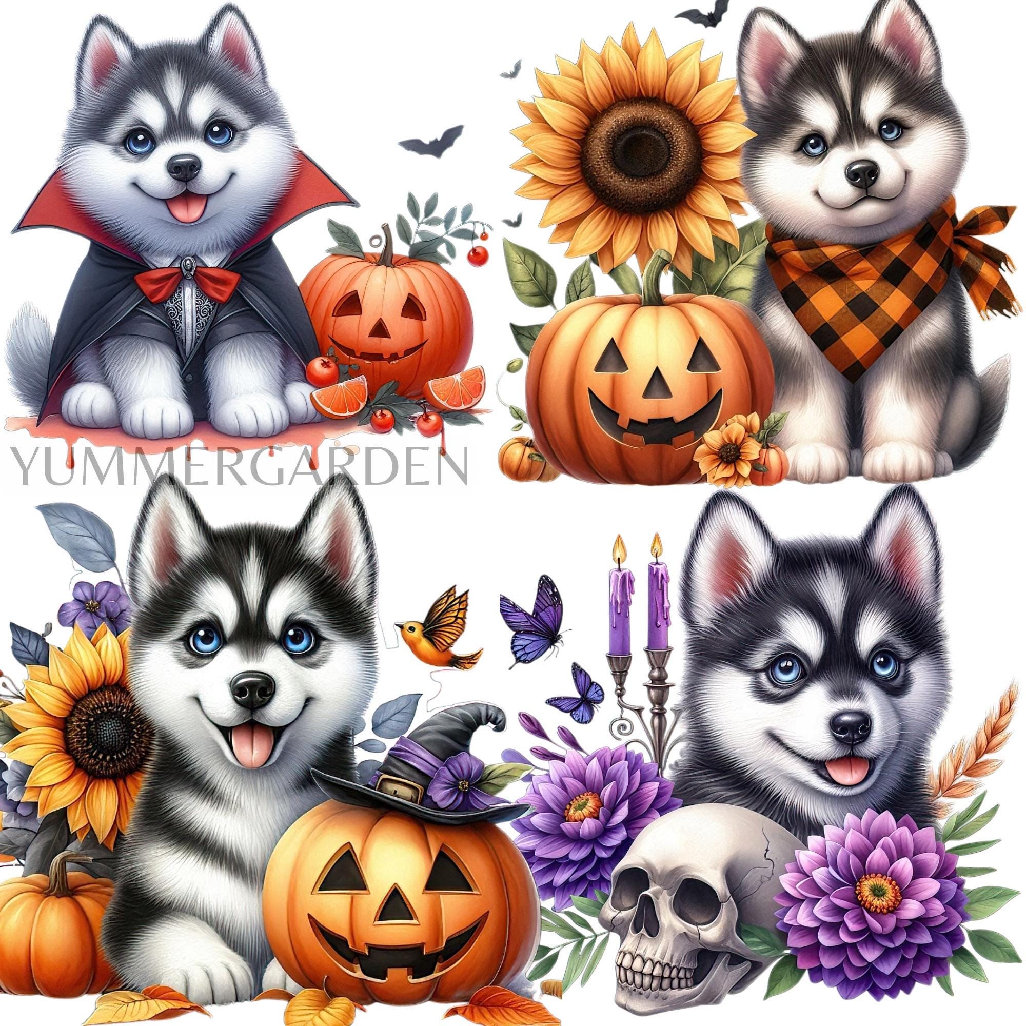 Bundle 30 Halloween Husky Puppy Clipart, Cute Husky PNG Bundle, Kawaii ...