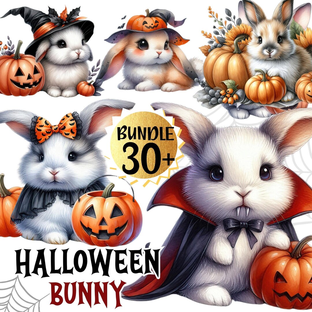 Halloween Bunny Clipart Bundle: Spooky Kawaii Animal PNG Stickers ...