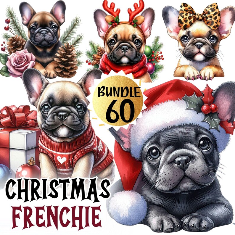 Christmas French Bulldog Clipart Bundle, Holiday Frenchie Dog PNG ...