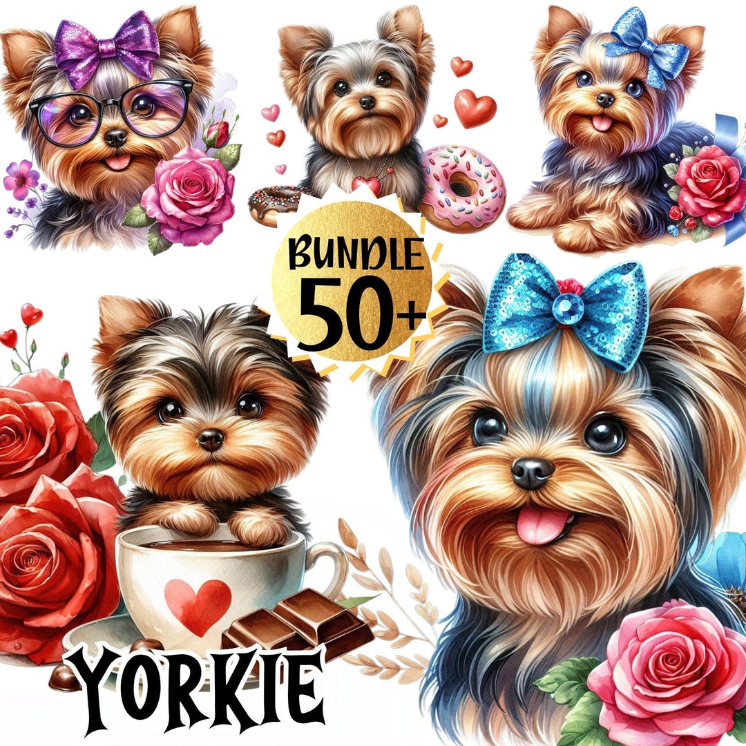 Yorkie Valentine Clipart Bundle, Yorkshire Terrier Valentine Dog Clip ...